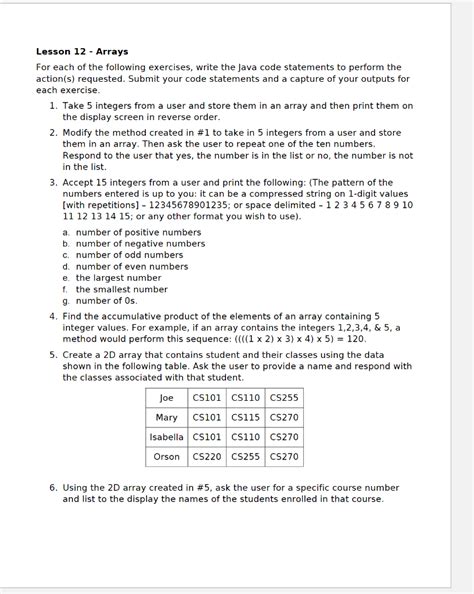 Solved Lesson Arrays For Each Of The Following Chegg