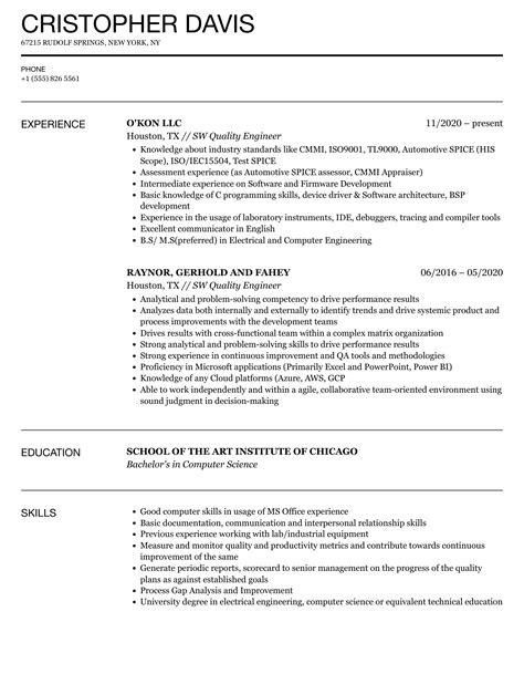 Sw Quality Engineer Resume Samples Velvet Jobs