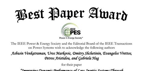 Ashwin Venkatraman Is Receiving The 2021 Tpwrs Best Paper Award Power Systems Laboratory Eth