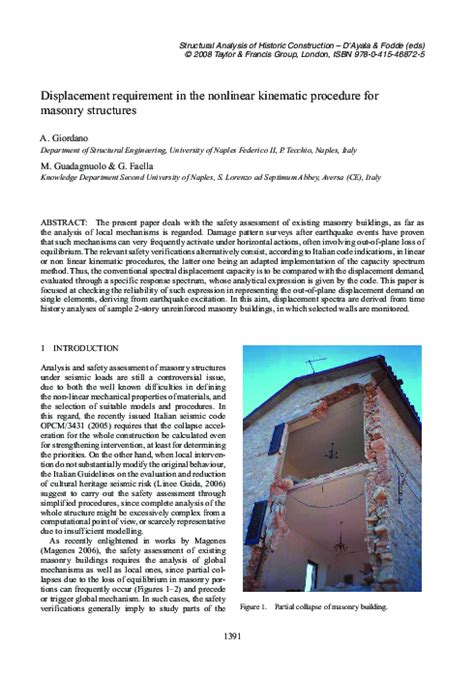 Pdf Displacement Requirement In The Nonlinear Kinematic Procedure For Masonry Structures