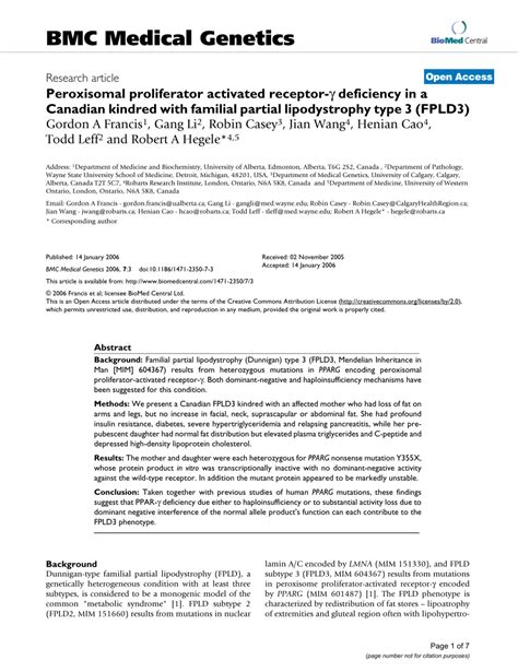 Pdf Peroxisomal Proliferator Activated Receptor γ Deficiency In A