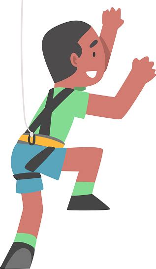 웃는 소년 등반 벽 익스트림 스포츠를 연습 하는 아이 등반 캐릭터 모험 공원 만화 스타일 벡터 일러스트에 재미 경관에 대한 스톡 벡터 아트 및 기타 이미지 Istock