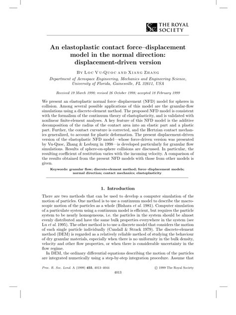 Pdf An Elastoplastic Contact Force Displacement Model In The Normal