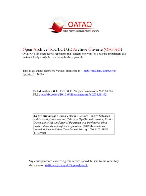 Pdf Direct Numerical Simulation Of The Impact Of A Droplet Onto A Hot