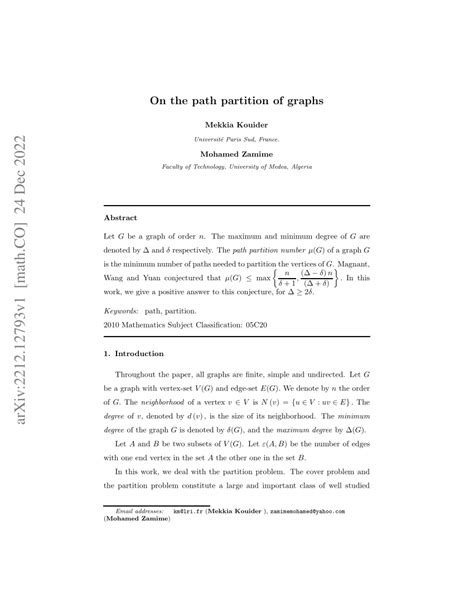 PDF On The Path Partition Of Graphs