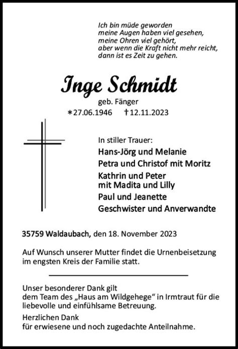 Traueranzeigen Von Inge Schmidt Vrm Trauerde