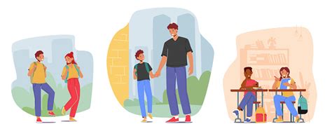 교육 학교 개념으로 돌아 가기 배낭과 함께 걷는 아이들 아버지와 함께 아들 책상에 앉아있는 급우들 학생에 대한 스톡 벡터 아트 및 기타 이미지 Istock