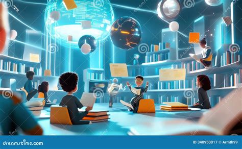 Virtual Library Futuristic Learning Space With Digital Books And Interactive Technology Stock