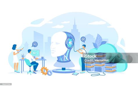 인간의 얼굴을 가진 로봇 머리 팀은 스마트 브레인 컴퓨터 신경망과 함께 작동합니다 인공 지능 Ai 미래 기술 디지털 두뇌 기계 학습 데이터 마이닝 벡터 일러스트레이션 인공