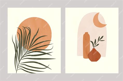 Boho 포스터 컬렉션 태양 야자수와 잎입니다 중반 세기 현대 미니멀 아트 인쇄 평면 그림 프리미엄 벡터