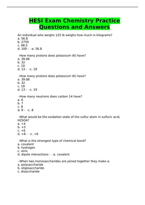 Hesi Exam Chemistry Practice Questions And Answers Hesi Stuvia Us
