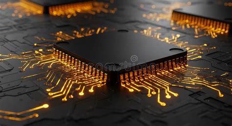 A Detailed View Of A Black Microchip Mounted On A Dark Circuit Board Gold Color Stock
