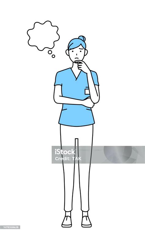 여성 간호사 물리 치료사 작업 치료사 언어 치료사 간호 조수 그녀의 얼굴을 긁으면서 유니폼 생각 걱정하지 마에 대한 스톡 벡터