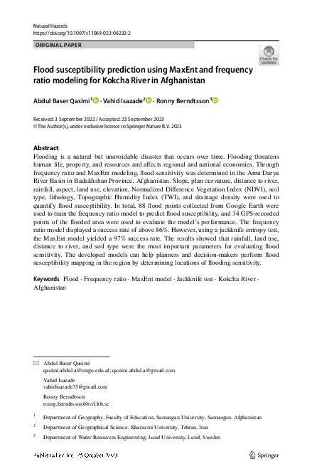 Pdf Flood Susceptibility Prediction Using Maxent And Frequency Ratio Modeling For Kokcha River