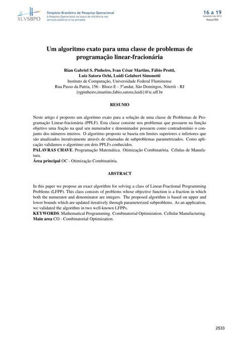 PDF Um algoritmo exato para uma classe de problemas de junto dos números inteiros O