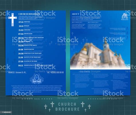 종교 양면 브로셔 또는 전단지 템플릿 교회 건물 흐리게 사진 및 교회 달력 블루 벡터 현대적인 스타일의 모의 업 커버 교회에