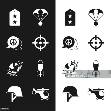 대상 스포츠 평화 군사 계급 낙하산 폭탄 폭발행성 지구 로켓 발사기 헬리콥터 및 헬멧 아이콘을 설정합니다 벡터 바주카포에 대한 스톡 벡터 아트 및 기타 이미지 Istock