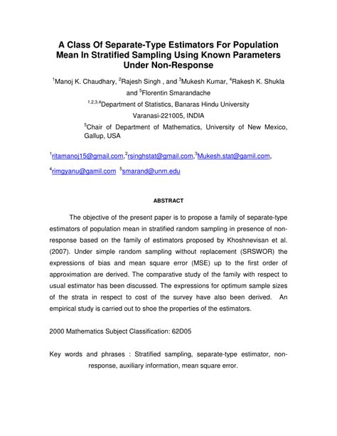 Pdf A Class Of Separate Type Estimators For Population Mean In Stratified Sampling Using Known