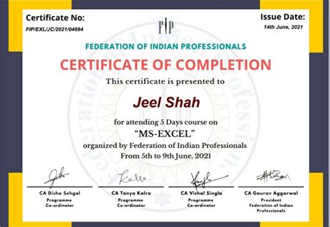 Jeel Shah On Linkedin I Have Successfully Completed Excel Course Organized By The Federation Of