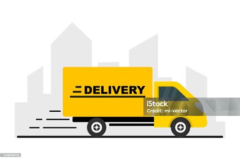 배달 서비스 개념입니다 도시 배경에 배달 밴입니다 도시에서 빠른 배송 노란색 트럭 배달의 벡터 그림입니다 화물 자동 빠른 서비스 트럭 공급망에 대한 스톡 벡터 아트 및 기타