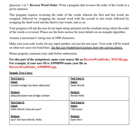 Solved Question 1 Of 1 Reverse Word Order Write A Program