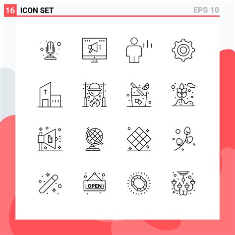 Modern Set Of 16 Outlines And Symbols Such As Church Building Avatar Cogs Gear Editable Vector