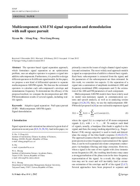 Pdf Multicomponent Am Fm Signal Separation And Demodulation With Null Space Pursuit