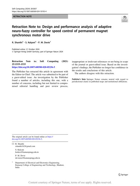 Retraction Note To Design And Performance Analysis Of Adaptive Neuro Fuzzy Controller For Speed