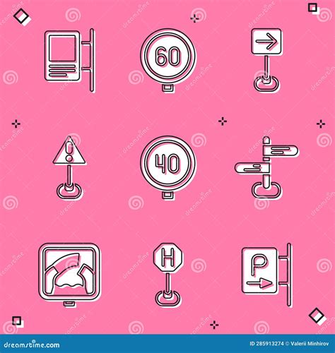 Set Road Traffic Sign Speed Limit Traffic Turn Right Exclamation Mark In Triangle Drawbridge