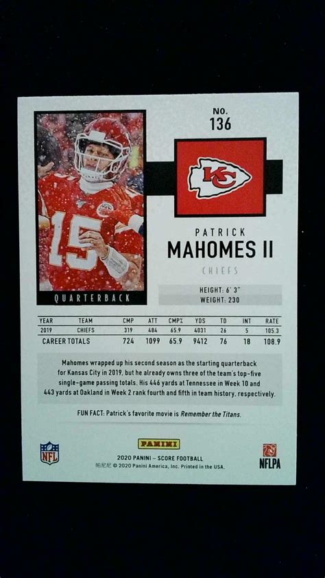 Patrick Mahomes Ii 136 Prices 2020 Panini Score Football Cards
