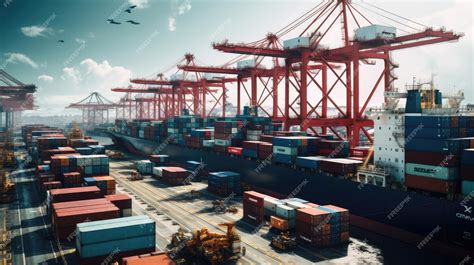 Premium Ai Image Global Supply Chain Node Container Ships Unloading Trucks And Trains Loading