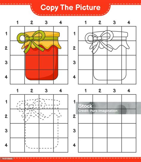 그림을 복사하고 격자선을 사용하여 Jam의 그림을 복사하십시오 교육 어린이 게임 인쇄 가능한 워크 시트 벡터 일러스트 레이 션 0명에 대한 스톡 벡터 아트 및 기타 이미지