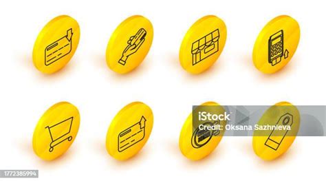 라인 빈 라벨 템플릿 가격표 신용 카드 쇼핑 카트 Pos 터미널 삽입 신용 건물 또는 시장 상점 인간의 손 잡기 및 아이콘을 설정합니다 벡터 3차원 형태에 대한 스톡 벡터