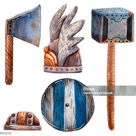 바이킹 팔 세트 예술의 귀여운 만화 스타일 바이킹 도끼 망치 방패와 헬멧 바이킹 파티 장식 고대 스칸디나비아 전통 아이템 카드