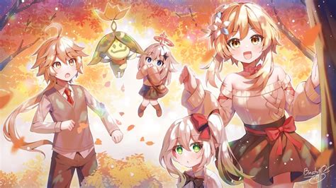 Lumine Aether Paimon Nahida Aranara And 1 More Genshin Impact