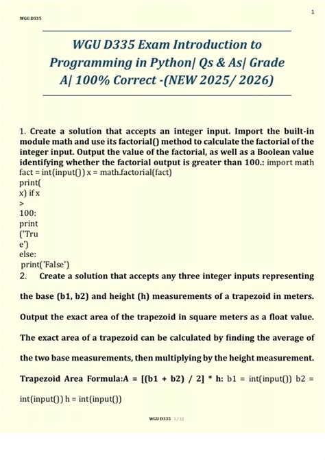 Wgu D335 Exam Introduction To Programming In Python Verified