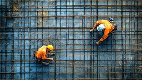 Construction Workers Securing Rebar Grid On Concrete Surface Stock