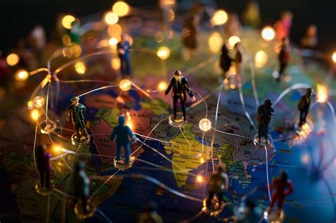 Illuminated By Networked Glowing Lights Miniature Figures Stand Positioned Across A World Map