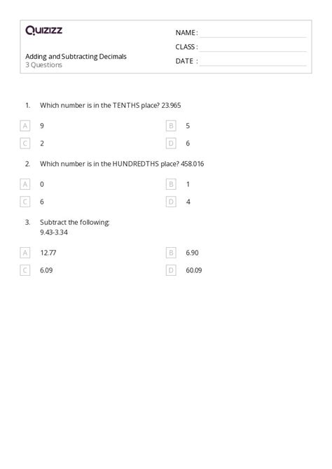 50 Adding Decimals Worksheets For Kindergarten On Quizizz Free