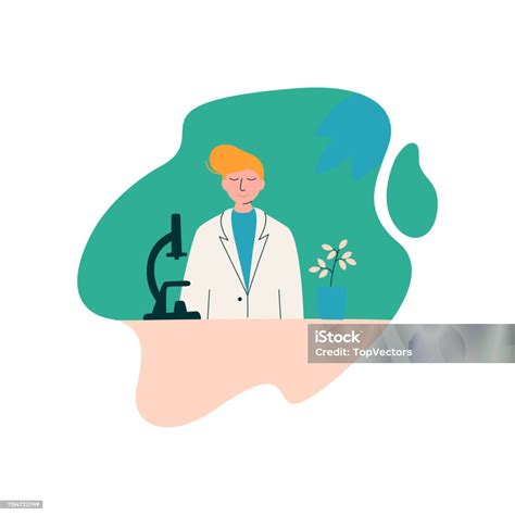 현미경 과학적 연구 개념 벡터 일러스트와 함께 실험실 연구에서 작업 하는 흰색 코트를 입고 남성 과학자 생물학자 문자 과학에