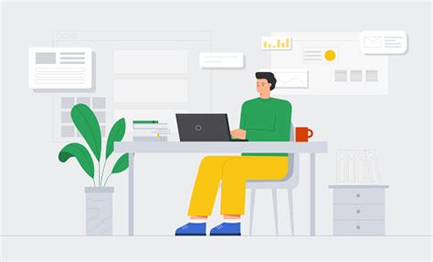 남성 캐릭터는 노트북에서 일하고 있습니다 최신 사무실 그래픽의 워크 플로우 배경아이콘 플랫 스타일 벡터 일러스트레이션 Brand