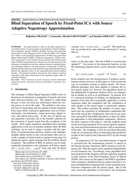 Pdf Blind Separation Of Speech By Fixed Point Ica With Source Adaptive Negentropy Approximation