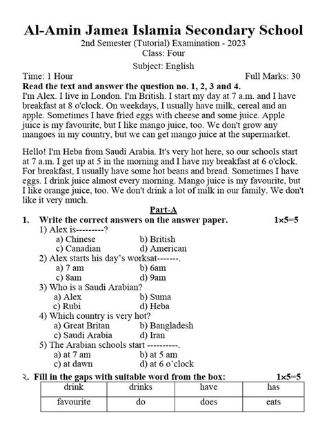 Class Four English Pdf Food And Drink Linguistics