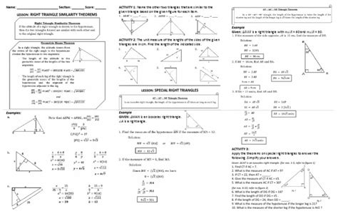 G9q3 Right Triangle Similarity Theorems Special Right Triangles Pdf Triangle