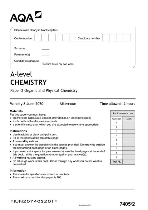 Official Aqa A Level Chemistry 2020 Paper 2 Question Paper Browsegrades