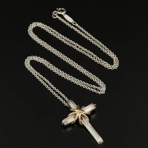 Vintage Tiffany And Co Sterling Silver Cross Necklace With 18k Accent Ebth