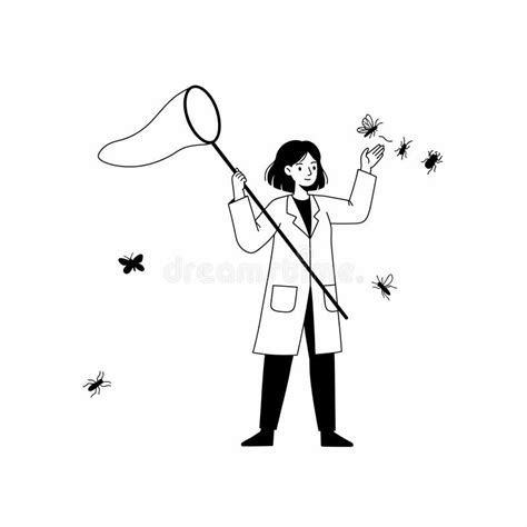 An Entomologist Is Holding A Net And Catching Different Insect Specimens Stock Illustration