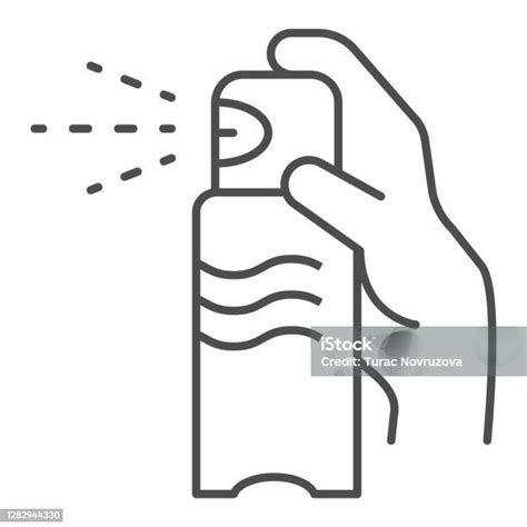 수작업 얇은 라인 아이콘 청소 서비스 개념 흰색 배경에 손 잡고 스프레이 데오도란트 기호 스프레이 캔 또는 모바일 웹에 대한 윤곽 스타일 에어로졸 아이콘에 공기 청정기 벡터
