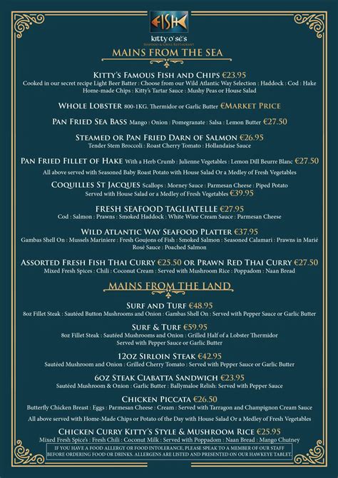 Our Menus Kitty Oses Seafood And Grill Restaurant Killarney