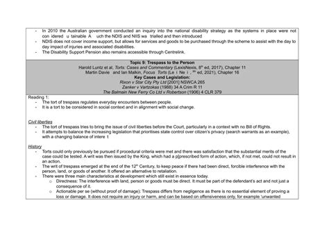 Torts Law Study Notes Law131 Torts Law Une Thinkswap